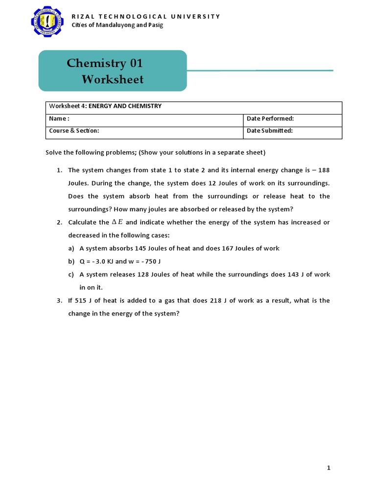 Chemistry Worksheet Pdf
