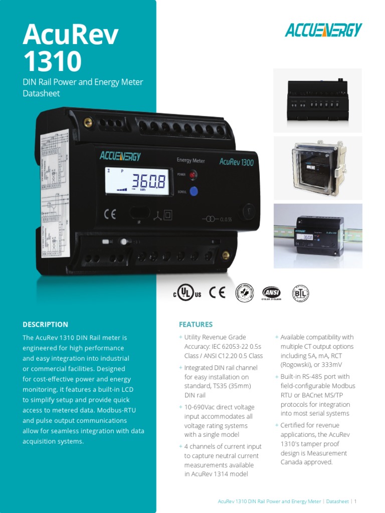 AcuRev 1310 DIN Rail Power and Energy Meter Datasheet | PDF | Ac Power ...