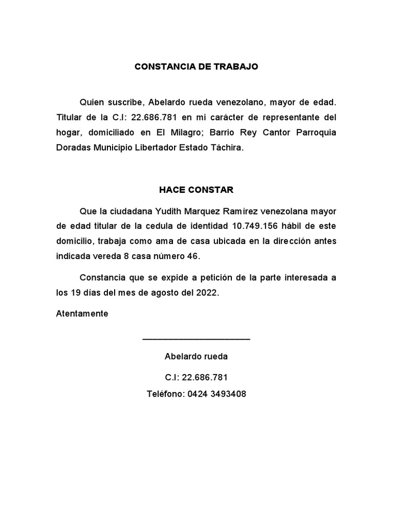Constancia de trabajo como ama de casa emitida por Abelardo Rueda a ...
