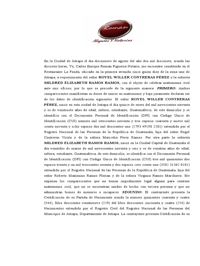 Acta de Matrimonio Contreras Ramos | PDF | Matrimonio | Guatemala
