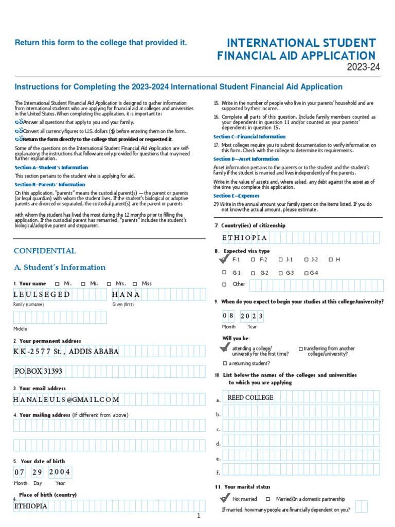 Hana Leulseged 2324 Intl Student Fin Aid App PDF | PDF | Debt | Student Financial Aid In The ...