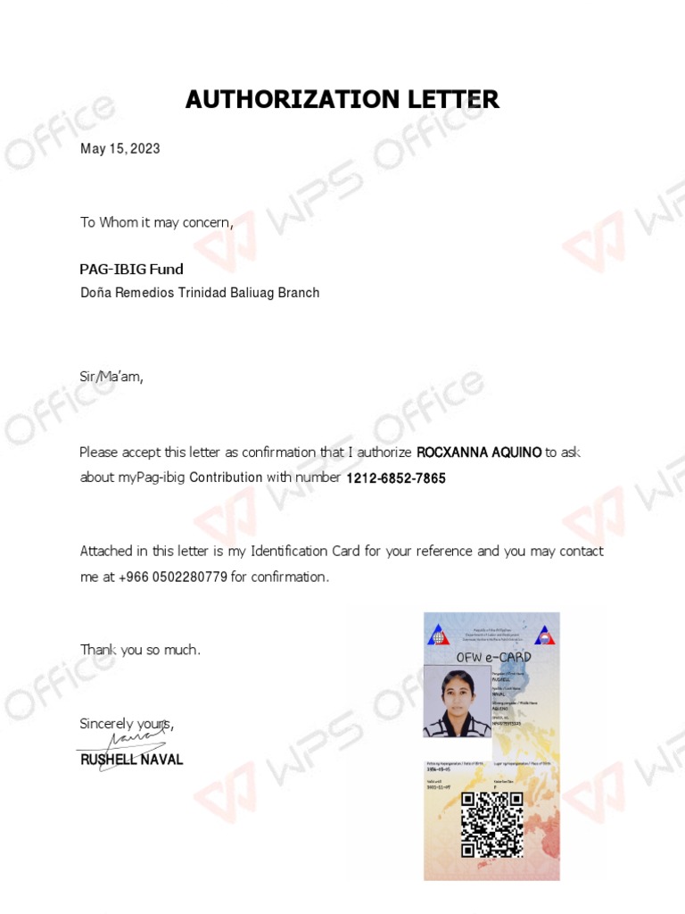 Authorization Letter Pag Ibig | PDF