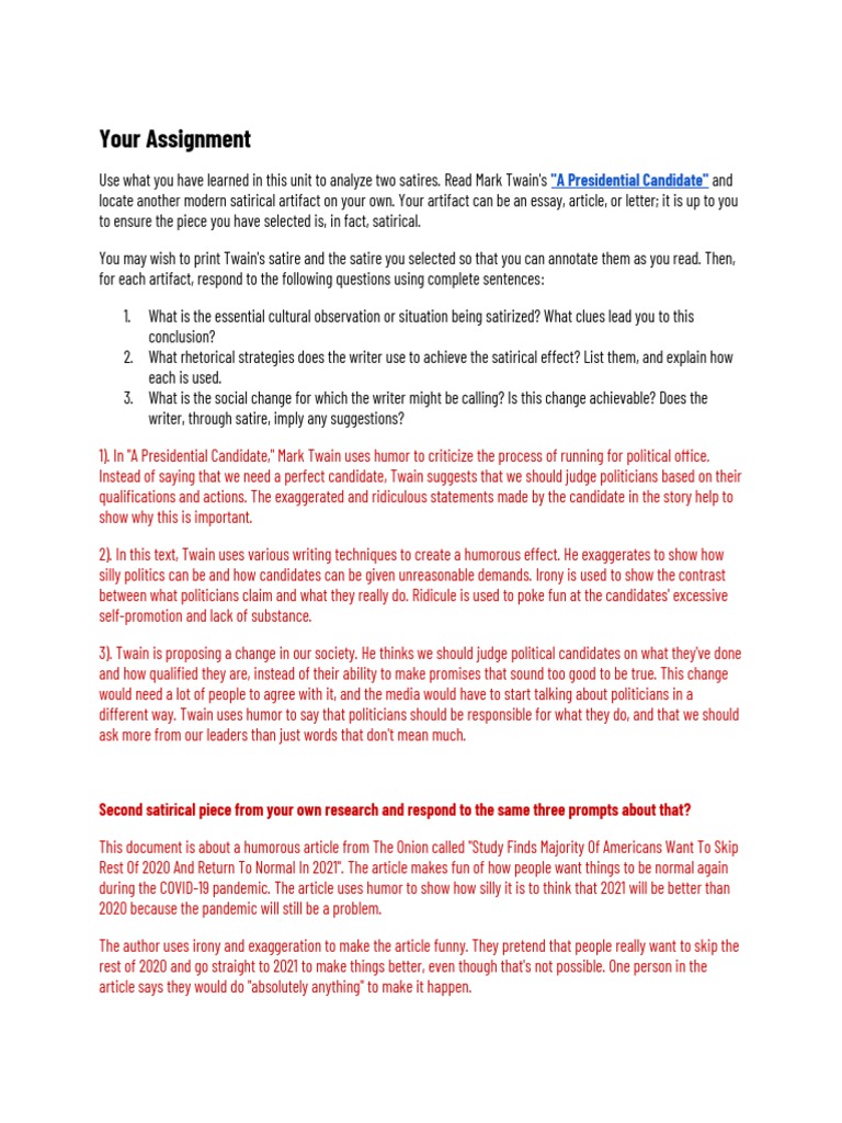 Assignment - 5.06 Analyzing Satire Redo | PDF | Satire | Mark Twain