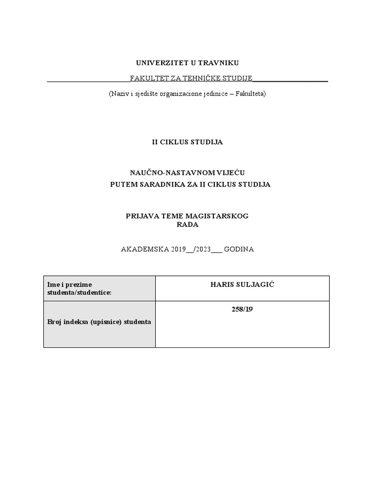 Obrasci Za Prijavu Teme Magistarskog Rada | PDF