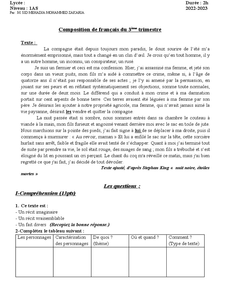 Examen 1AS 3ème T | PDF