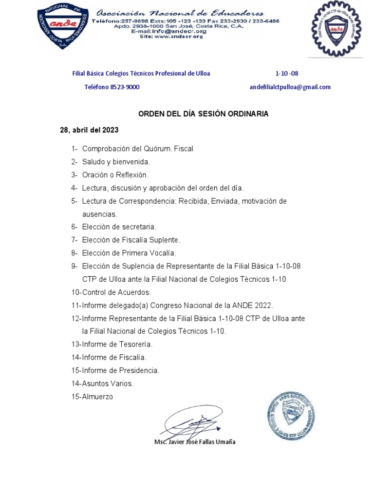Agenda Asamblea I 2023 Filial Basica 1-10-08 CTP de Ulloa Heredia | PDF