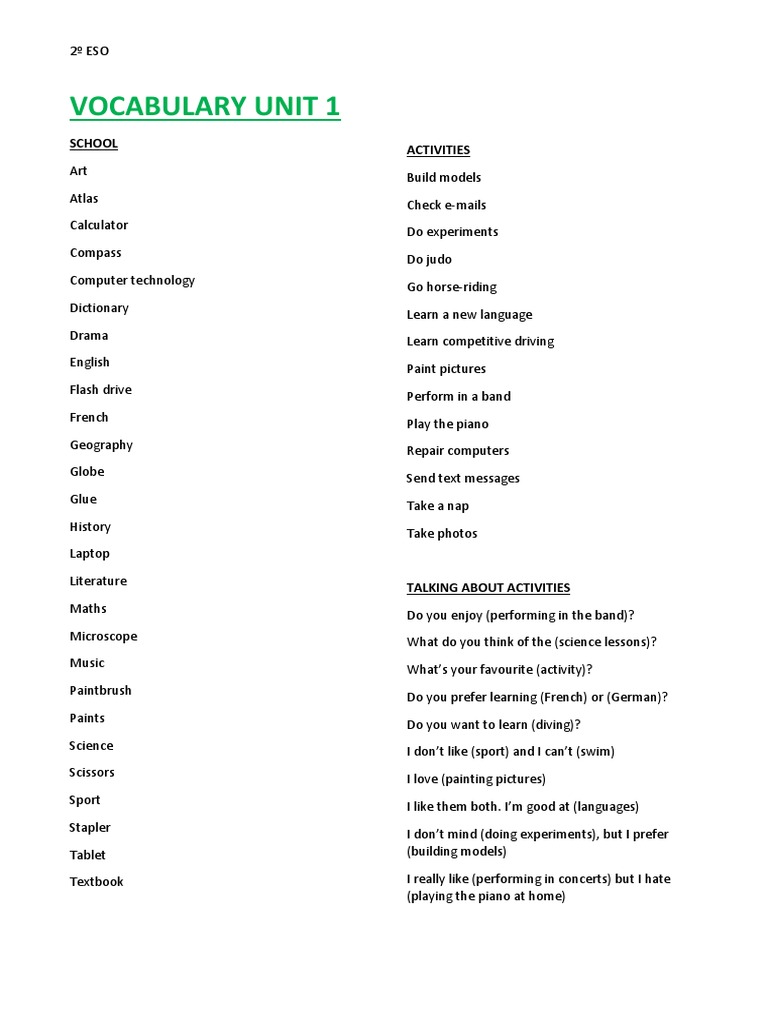 VOCABULARY UNIT 1 | PDF