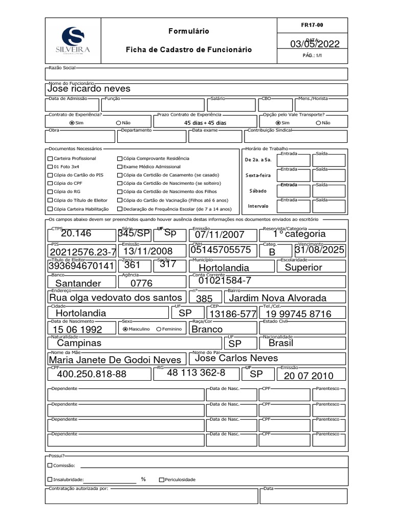 Formulário Ficha Admissão Silveira PDF | PDF | Brasil