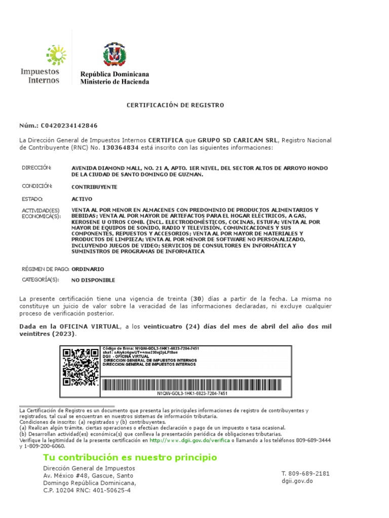Certificacion de RNC Grupo SD Caricam | Descargar gratis PDF | Economias