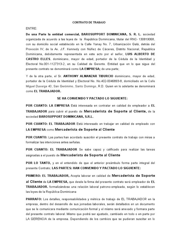 Contrato Anthony Almanzar | PDF | Bancos | Salario