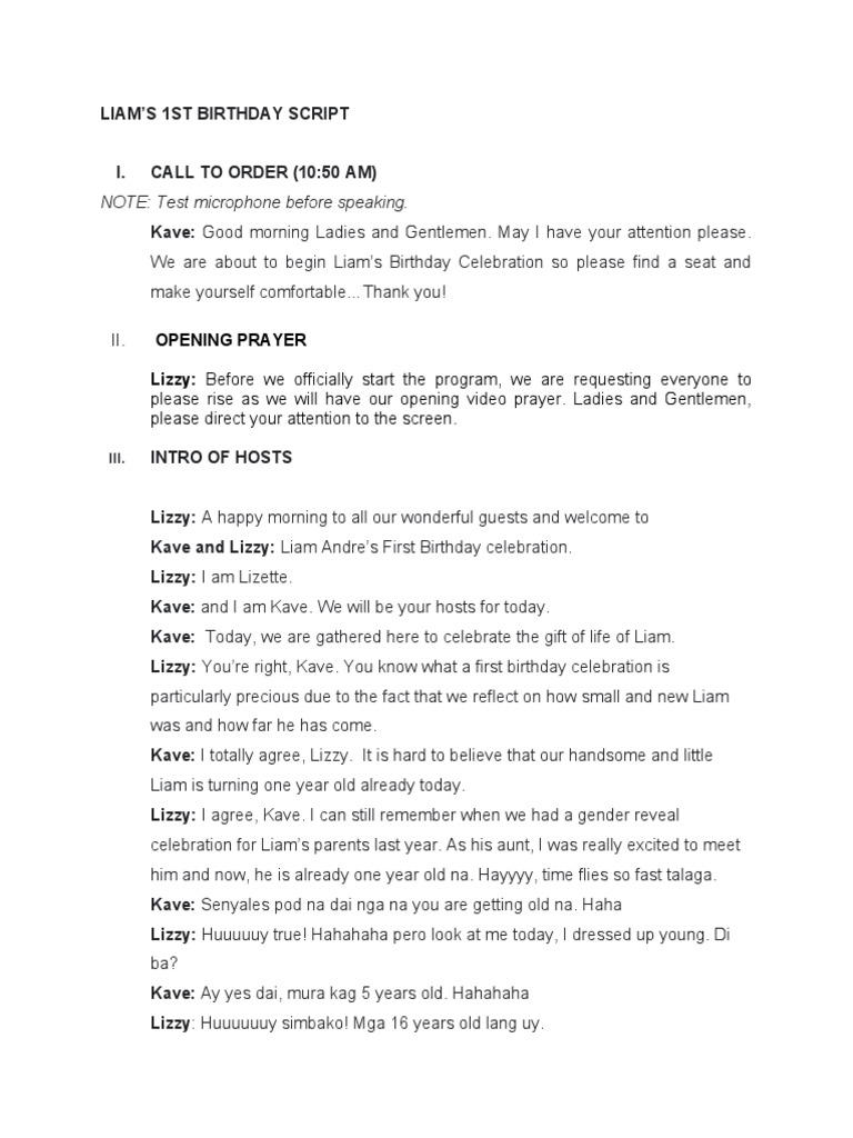 Liam's 1ST Birthday Script | PDF