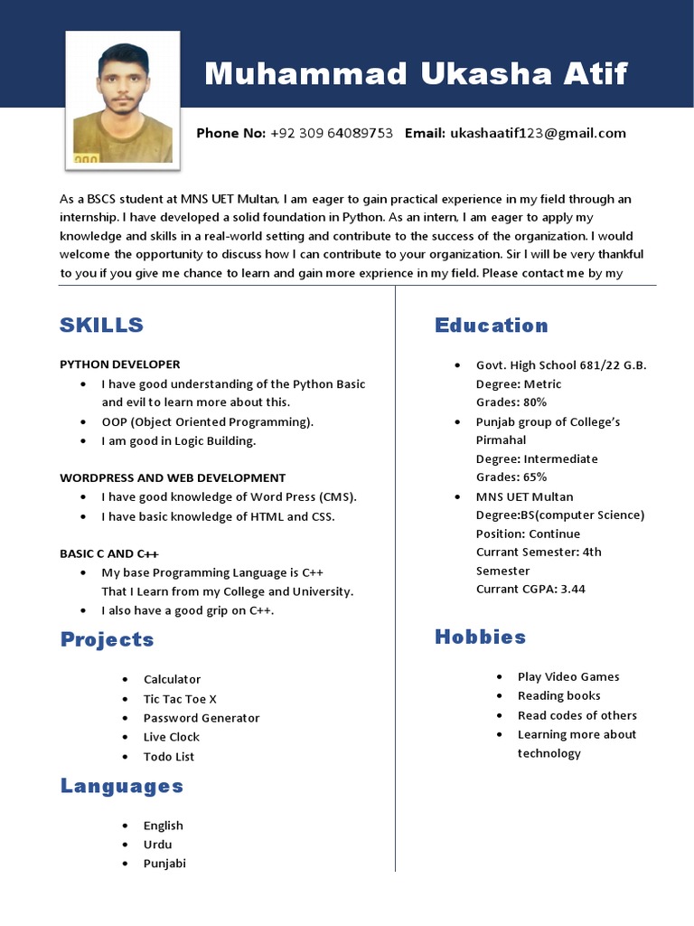 Internship Application: Muhammad Ukasha | PDF