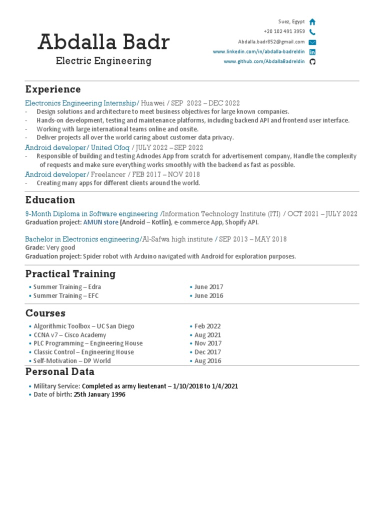 Abdalla Badr Electric Engineer CV | PDF