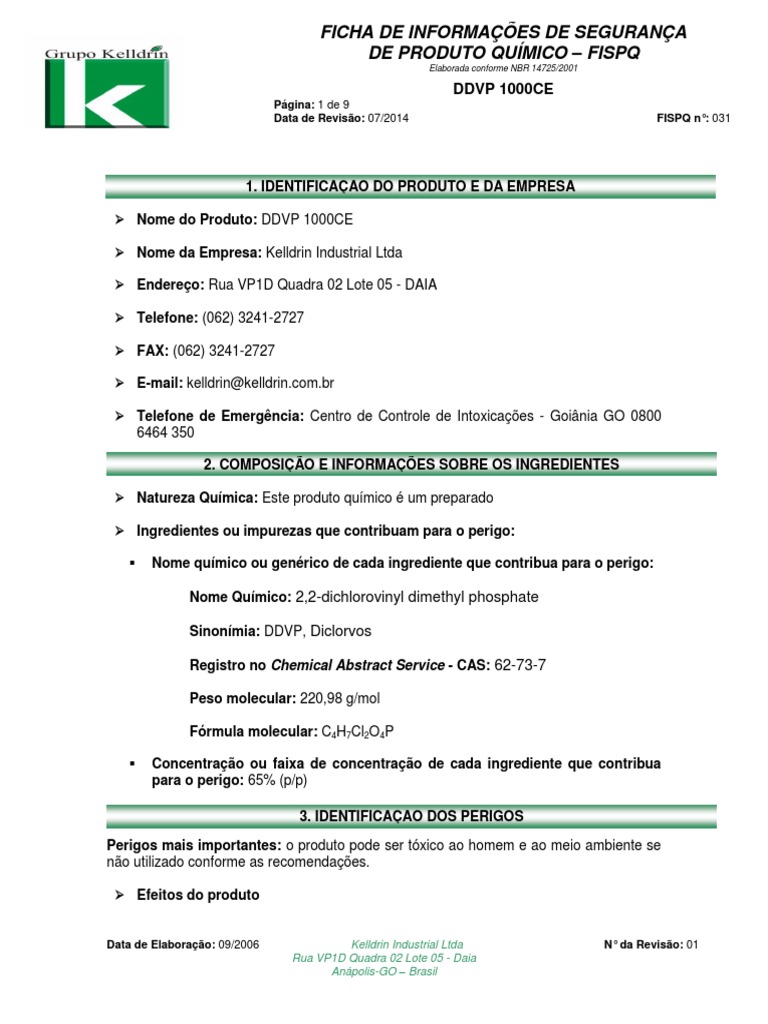 fispq-DDVP 1000 CE | PDF | Primeiros socorros | Embalagem e rotulagem