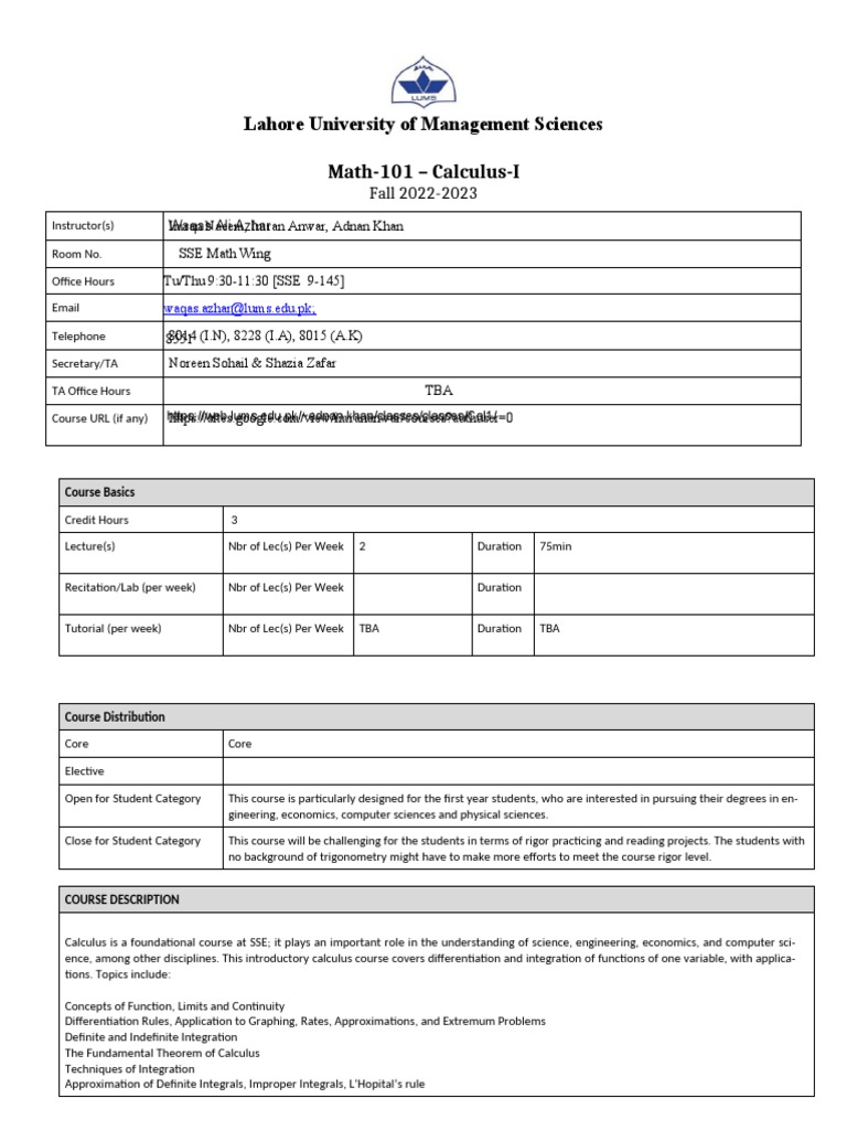 Math 101 Calculus-I - Fall Semester 22-23 | PDF | Integral | Calculus