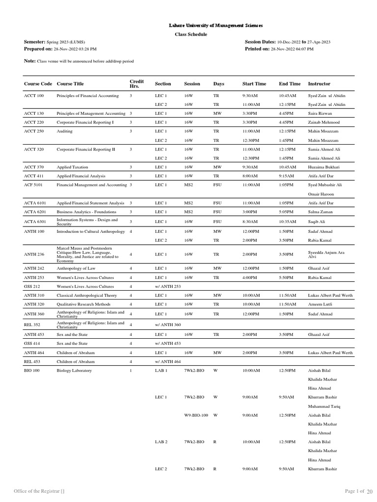 LUMS Spring 2023 Class Schedule | PDF