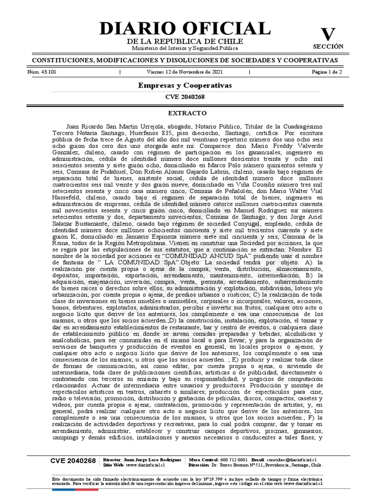 Extracto Constitución Comunidad Ancud SpA | PDF | Hotel | Compartir ...