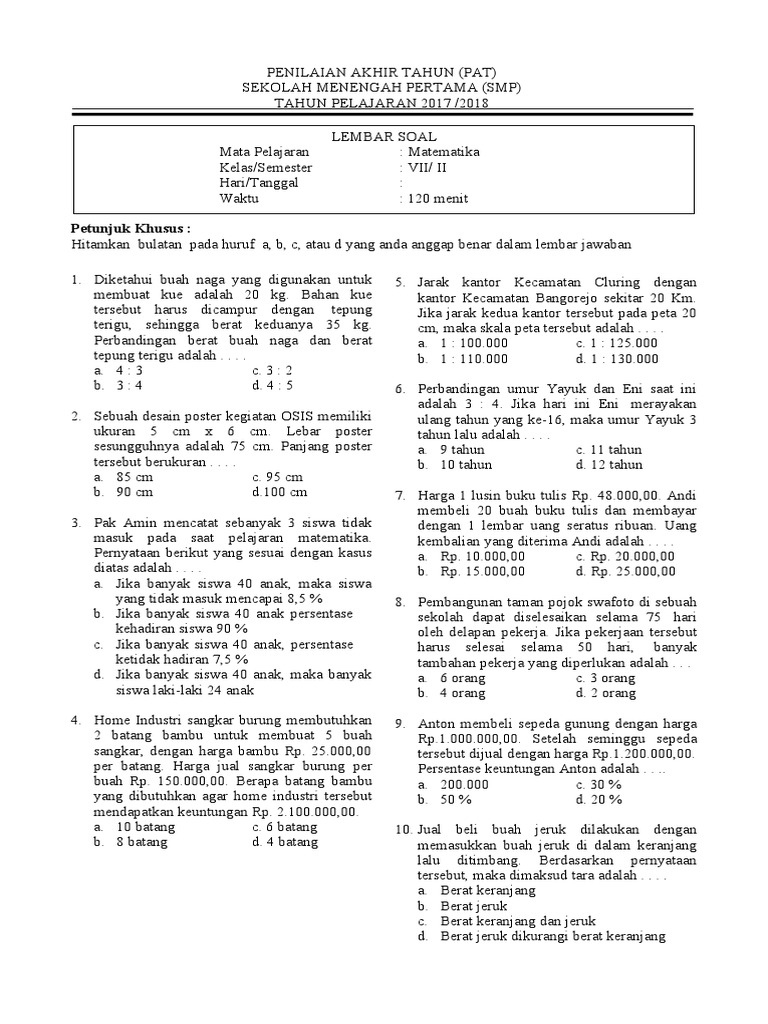 SOAL PAT Matematika Kelas | PDF