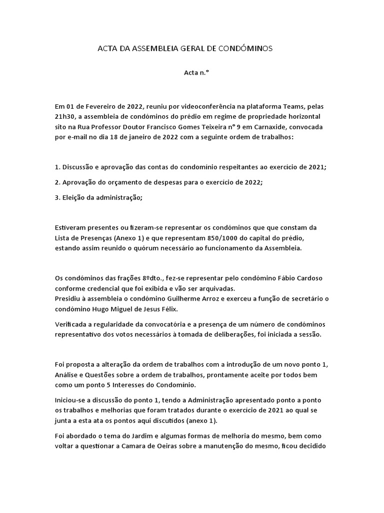 Acta Da Assembleia Geral de Condóminos 01 - 02 - 2022 | PDF | Condomínio