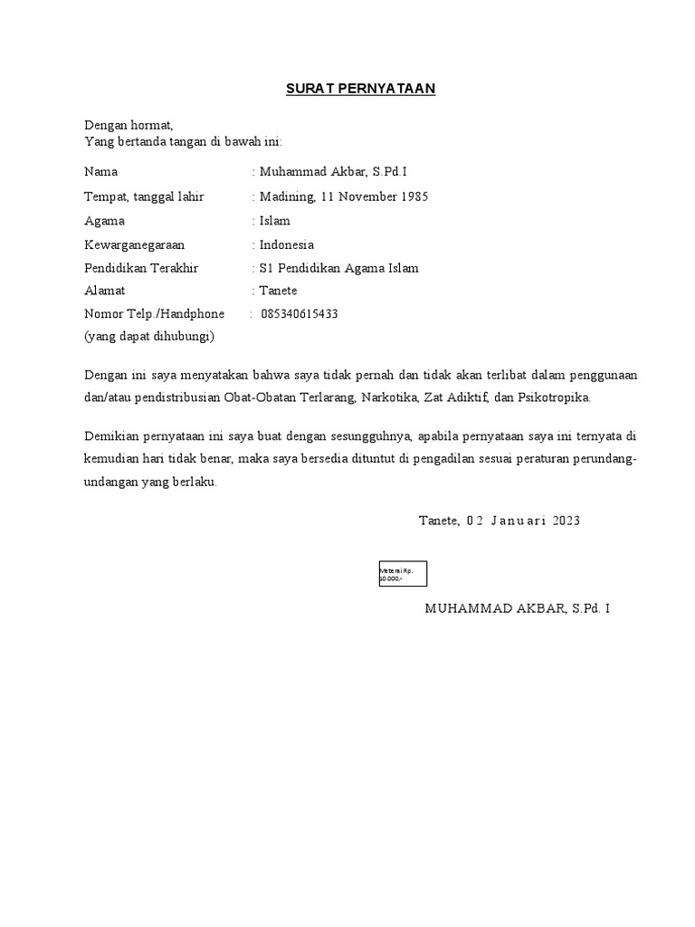 Contoh Surat Pernyataan Bebas Narkoba CPPPK | PDF