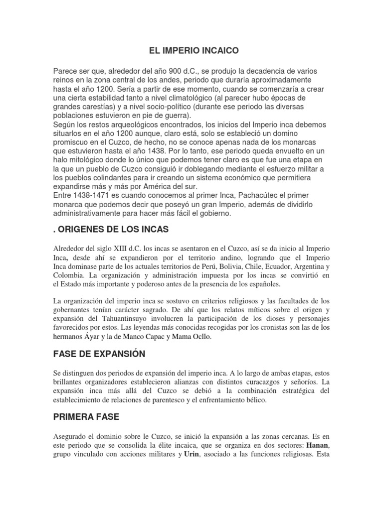 El Imperio Incaico Organización | PDF | Imperio Inca | Andes