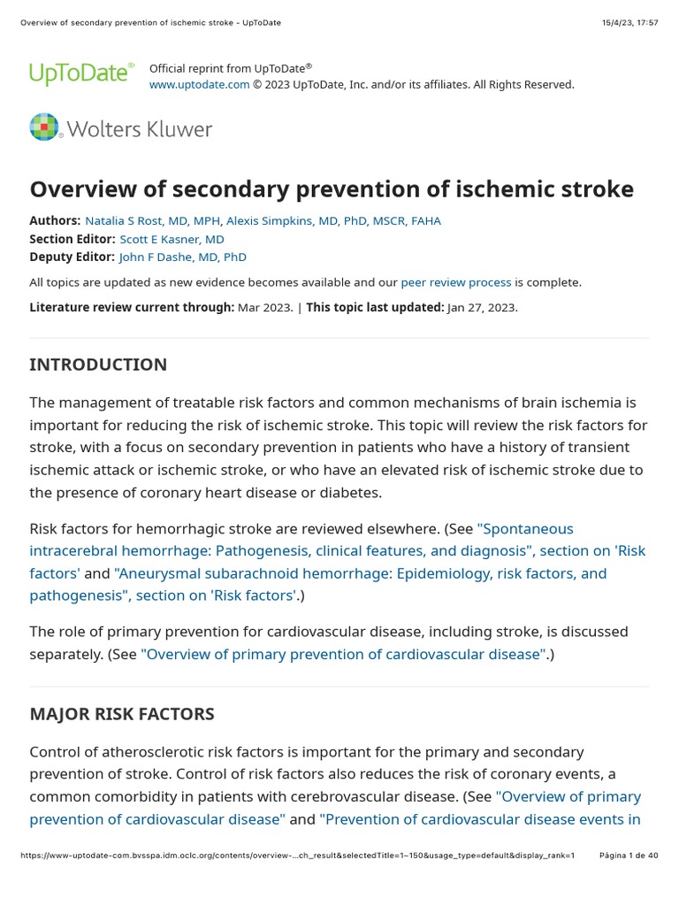 ?overview of Secondary Prevention of Ischemic Stroke - UpToDate | PDF ...