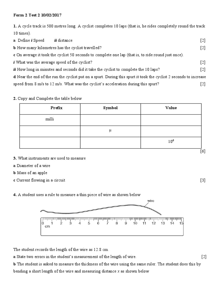 Form 2 Test 2 10 | PDF | Speed | Cycle Sport