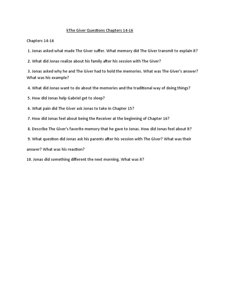 The Giver Questions Chapters 14-16 | PDF