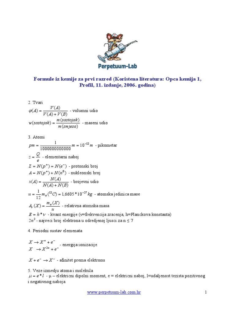 Formule Iz Kemije Za Prvi Razred | PDF