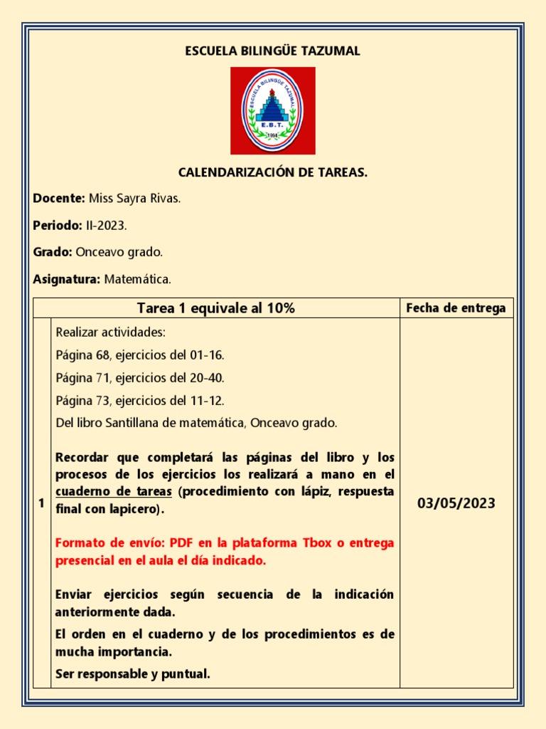 Tarea 1 de Matemática, Onceavo Grado, P2-2023 | PDF