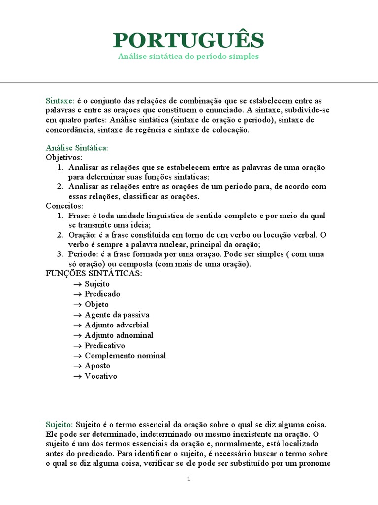 Análise sintática- período simples | PDF | Assunto (gramática) | Pronome