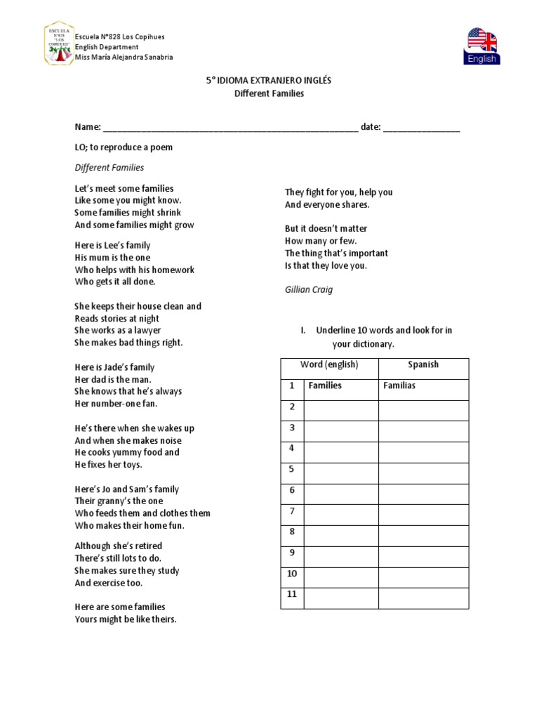English worksheet different families poem | PDF