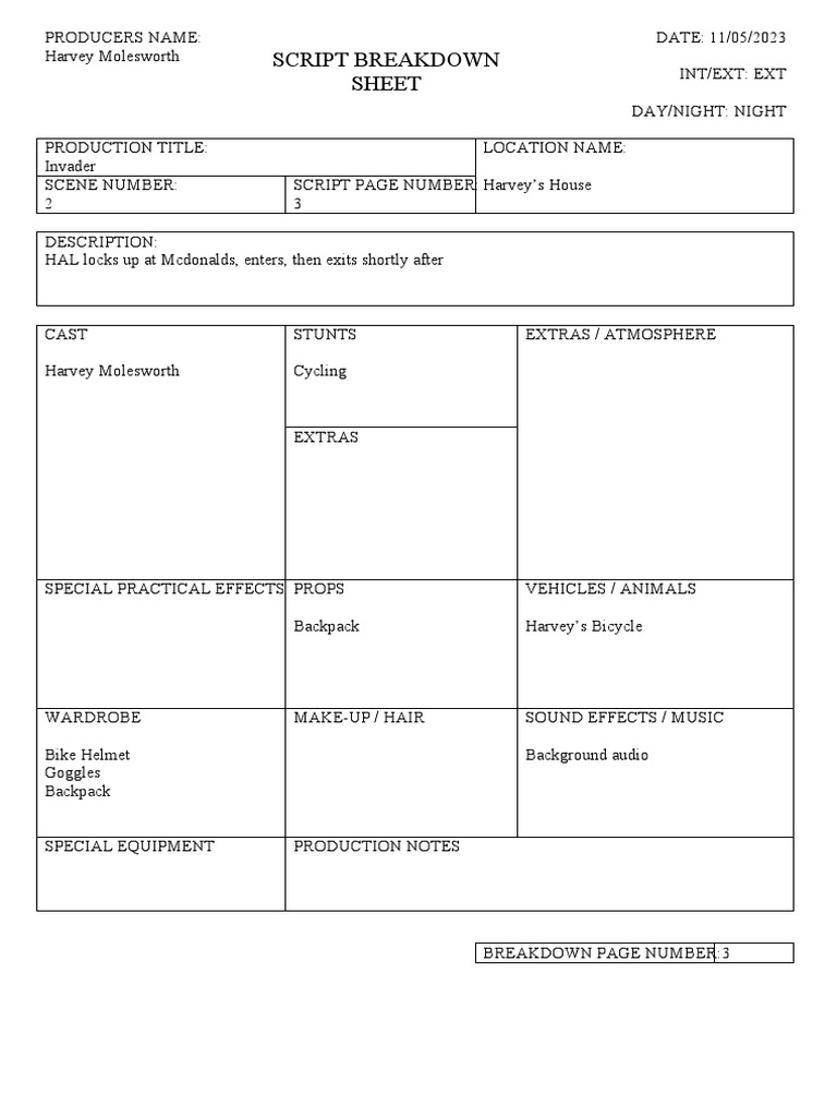 Script Breakdown Sheet 2 1 | PDF