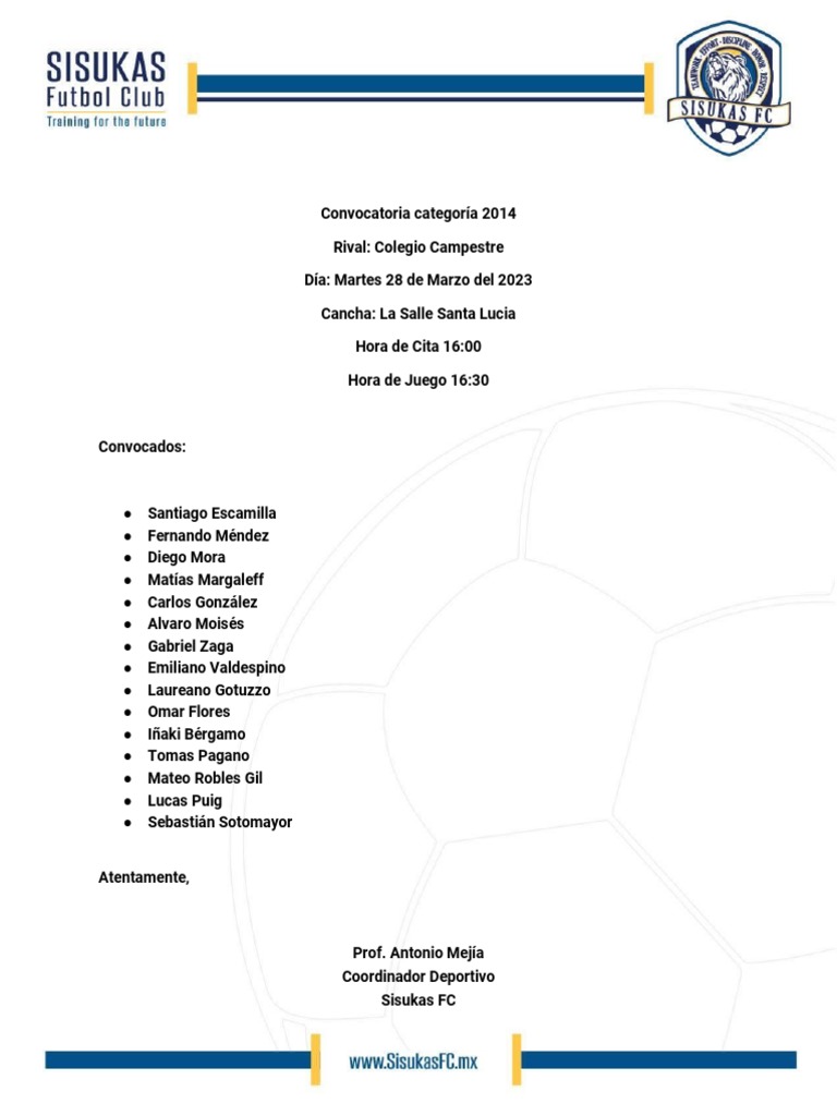 Convocatoria Sisukas FC 2014 | PDF