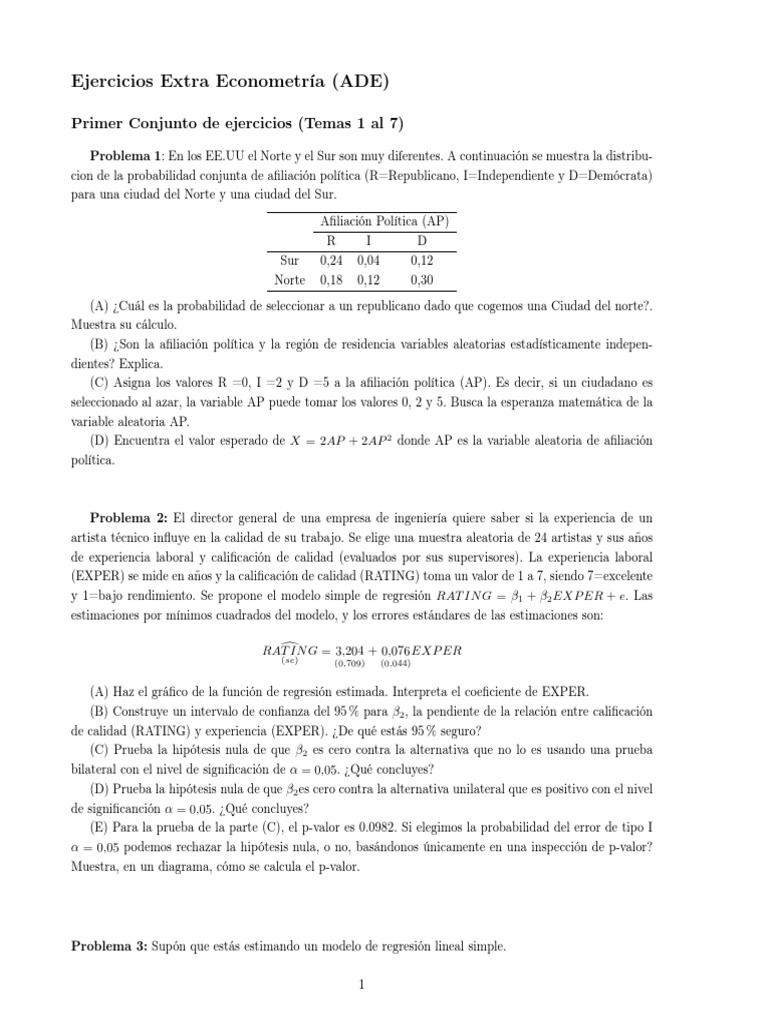 1 Set Ejercicios Extra Econometria 2022 2023 | PDF | Valor P | Análisis estadístico