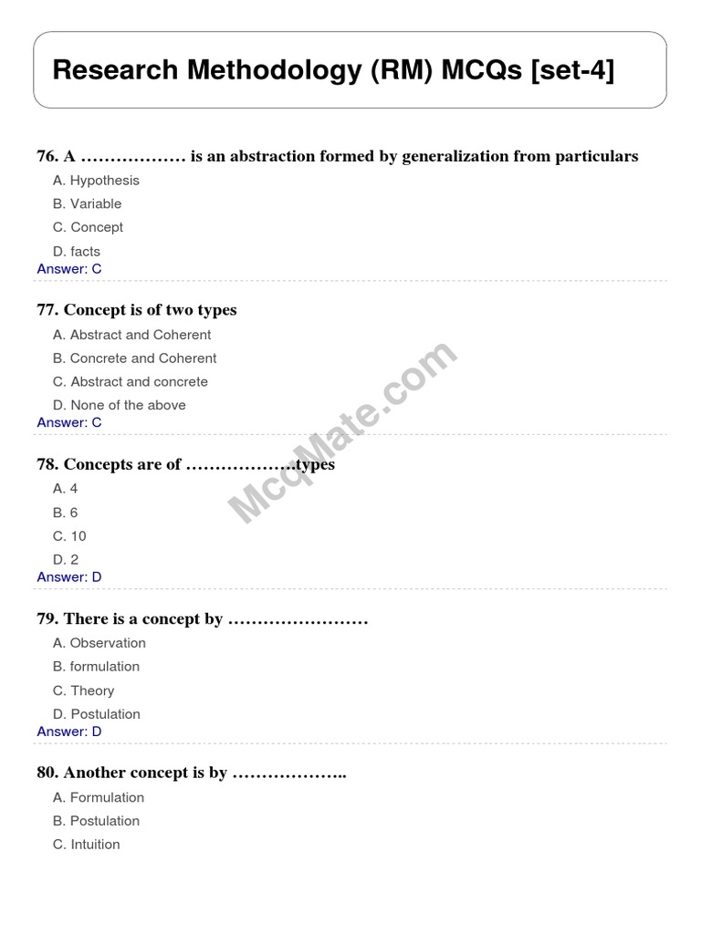 Research Methodology (RM) Solved MCQs [set-4] McqMate.com | PDF | Hypothesis | Concept