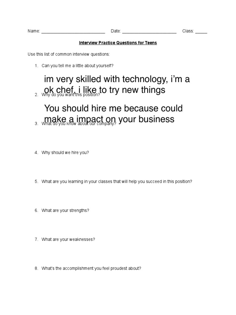 Teen Interview Practice Questions | PDF | Business | Self-Improvement