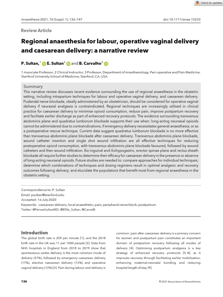 Anaesthesia - 2021 - Sultan - Regional Anaesthesia For Labour Operative ...