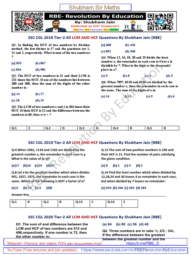 200 LCM and HCF Eng SSC CGL 2018 To 2021 Tier 1 Tier 2 by @LokiTheRobot | PDF | Abstract Algebra ...