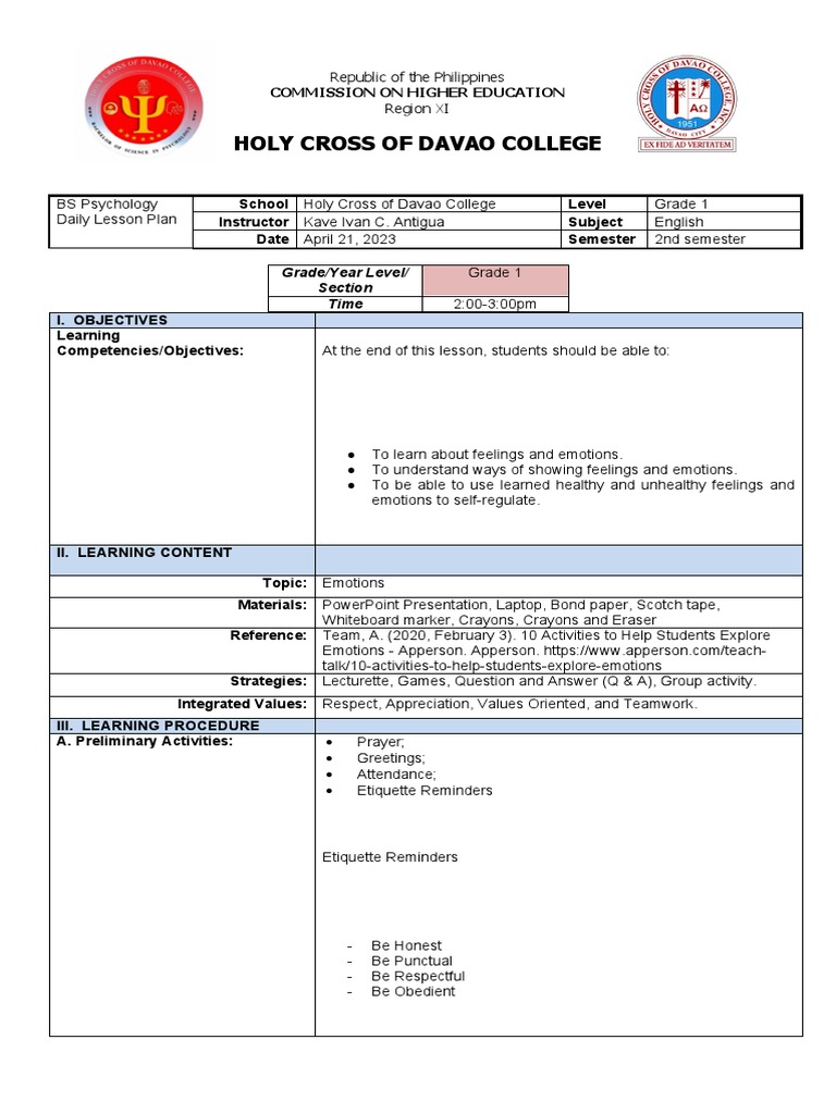 4as Lesson Plan Example ANTIGUA | PDF | Teachers | Emotions