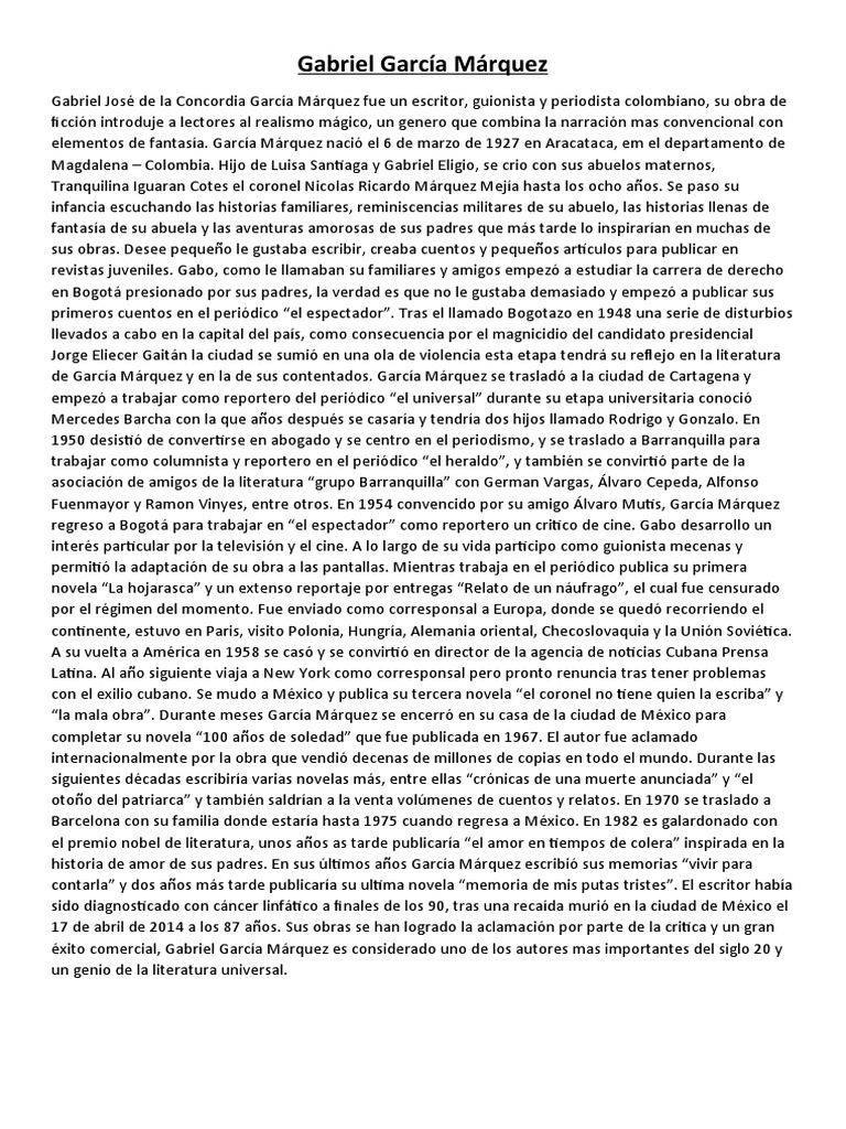 Vida y obra de Gabriel García Márquez | PDF | Gabriel García Márquez