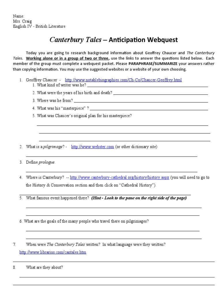 Canterbury Tales Webquest | PDF | The Canterbury Tales | Geoffrey Chaucer