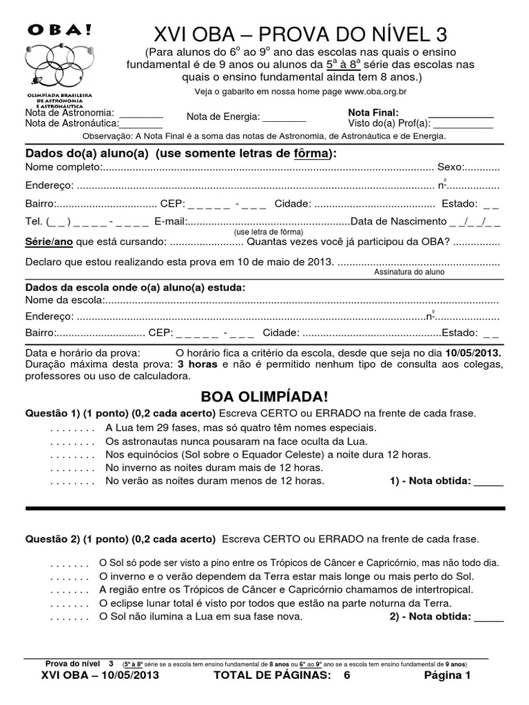 Prova Nivel 3 Da XVI OBA DE 2013 PDF | PDF | Satélite | Terra
