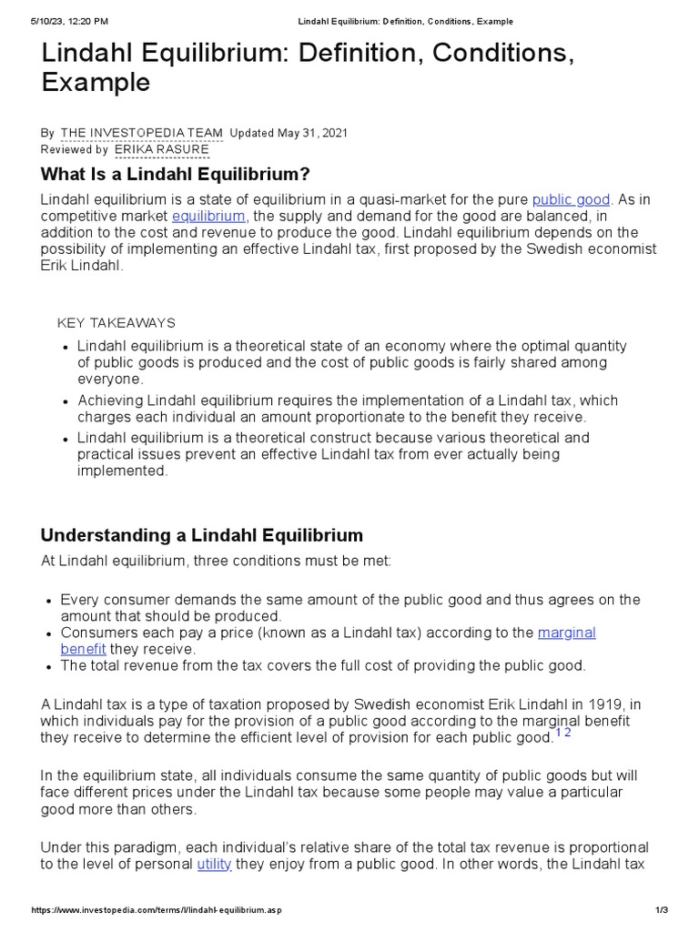 Lindahl Equilibrium - Definition, Conditions, Example | PDF | Taxes ...