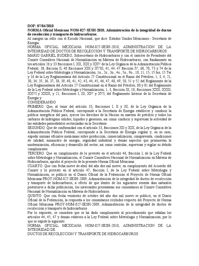 Norma NOM-027-SESH-2010: Ductos Hidrocarburos | PDF | Riesgo | Evaluación