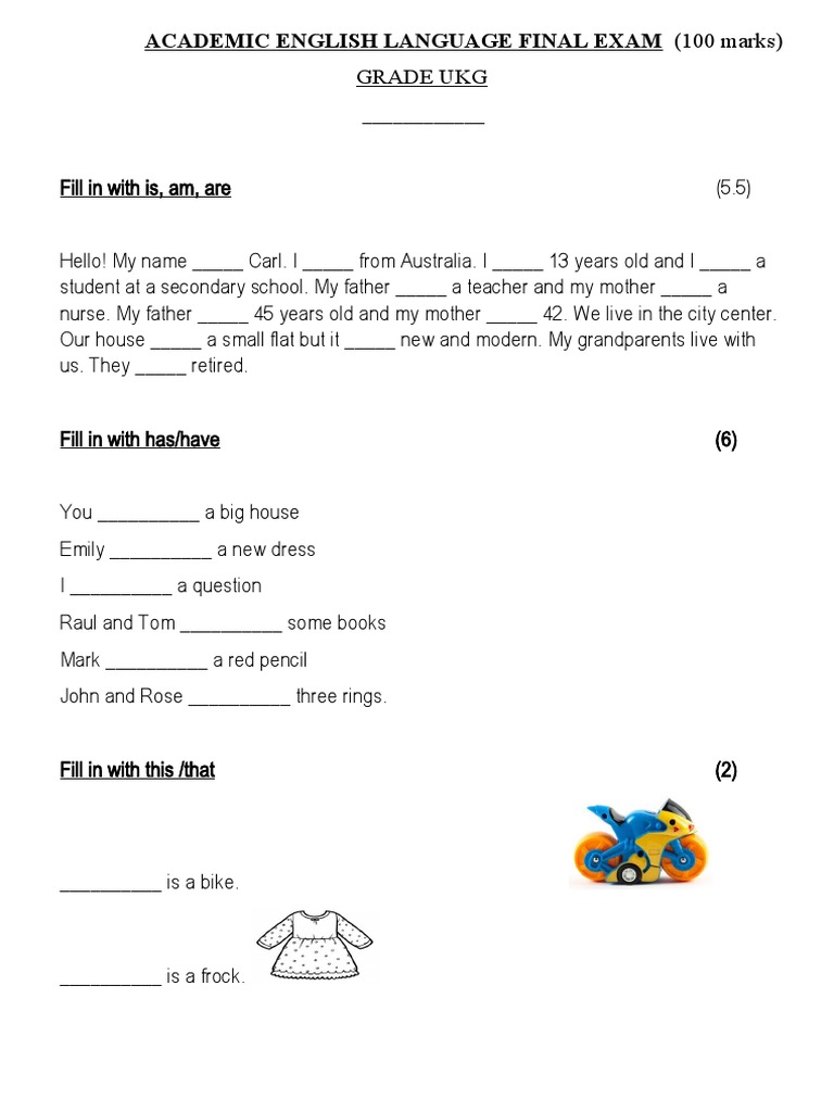 Grade UKG Test Exam Final 2023 | PDF