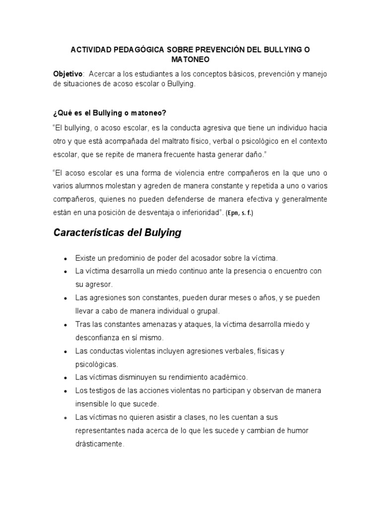 Actividad Pedagógica Sobre Prevención Del Bullying o Matoneo | PDF