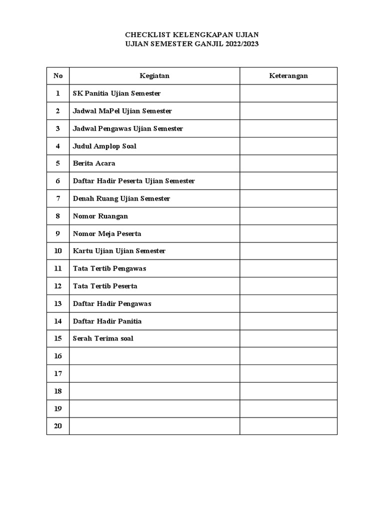 Checklist Kelengkapan Ujian | PDF