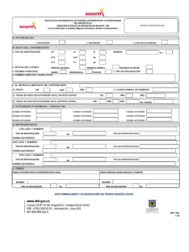 105 f.201 v10 Solicitud Novedades Ica - 5 | PDF | Contribuyente