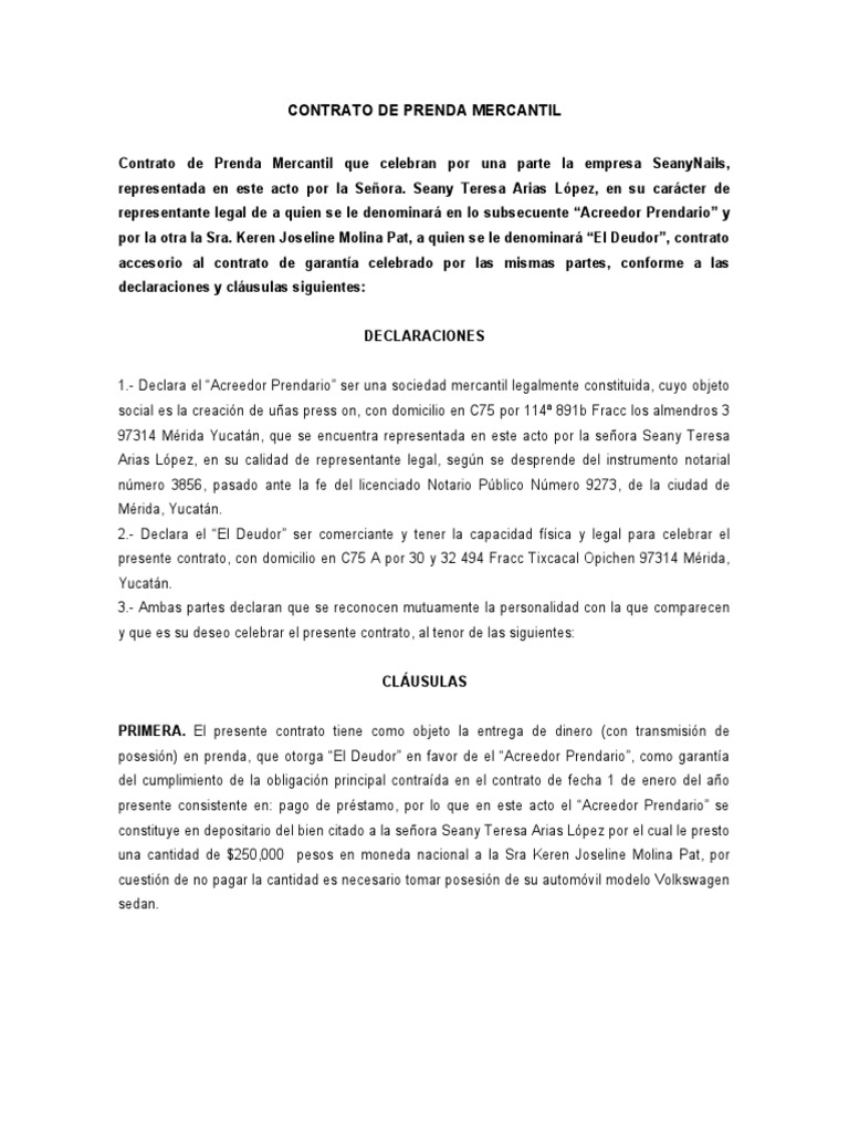 Contrato de Prenda Mercantil | PDF | Pagos | Ley común